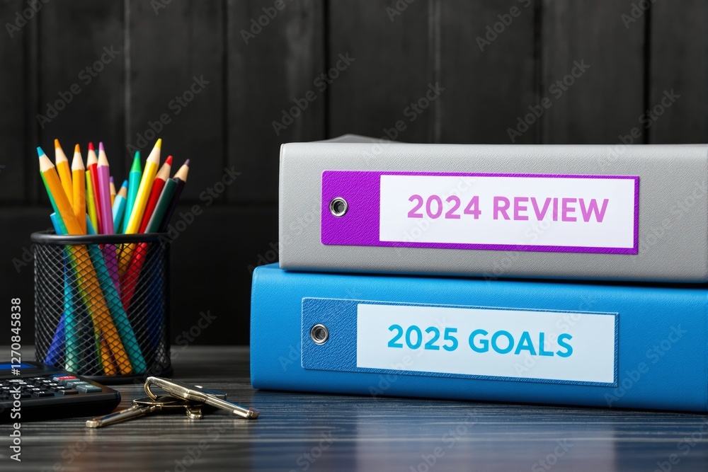 Office binders labeled "2024 Review" and "2025 Goals" stacked on a desk ...
