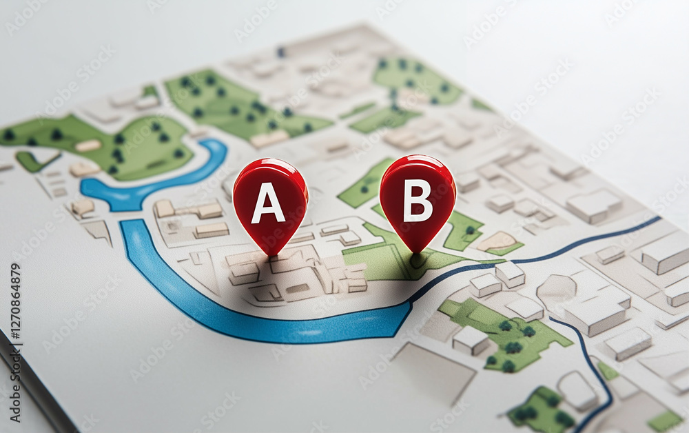 Map with location markers showing destinations A and B. Map with red ...