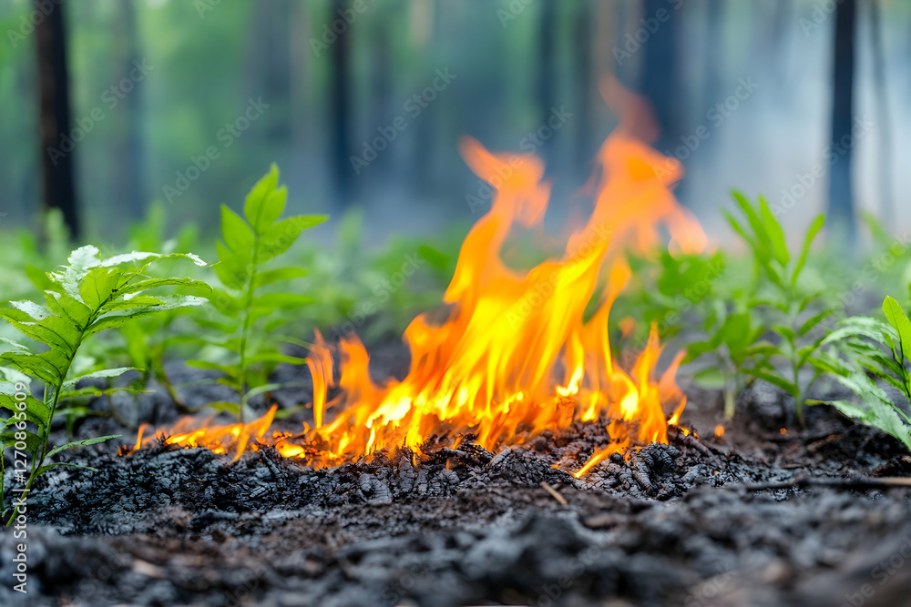 Fire burns on ground among green plants, forest behind, for ecology ...