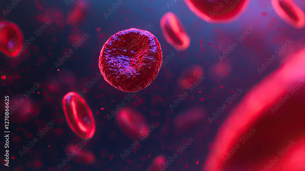 Microscopic view of red blood cells, highlighting a central cell and ...