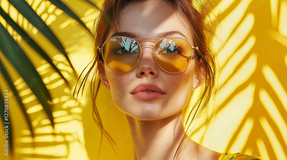 beautiful woman over 35 years old. wears sunglasses on yellow ...