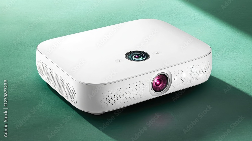 Stylish portable mini projector with K resolution, set on a green ...