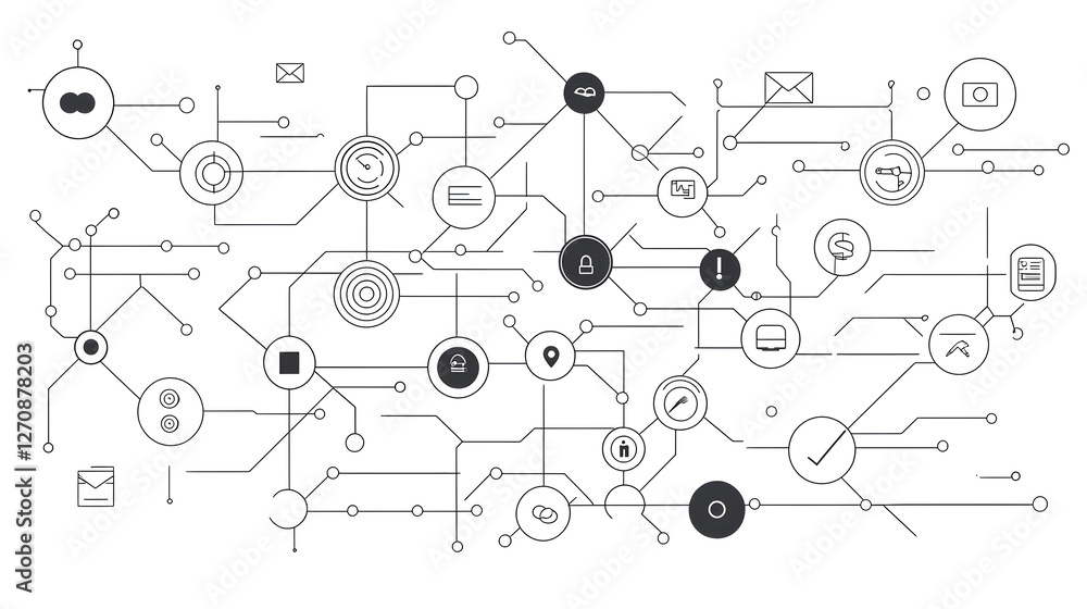 Black and white illustration of a circuit flow chart with symbols and ...