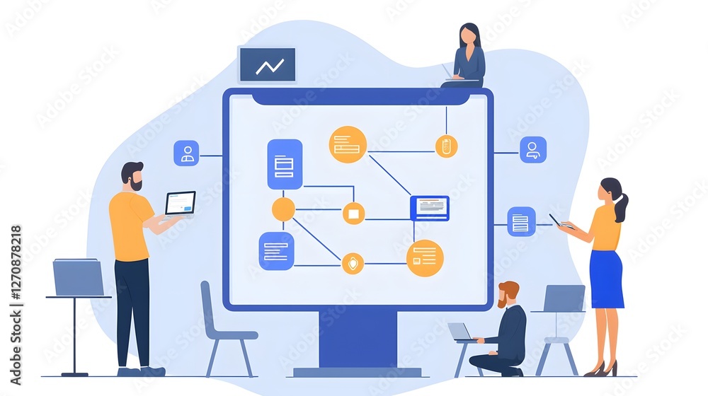 Group of professionals collaborating on computer analyzing flow chart ...