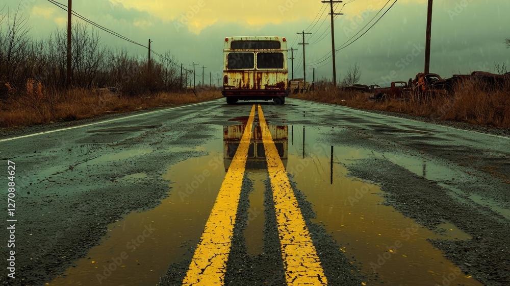 Acid rain climate change idea. A vintage bus featuring reflections on ...