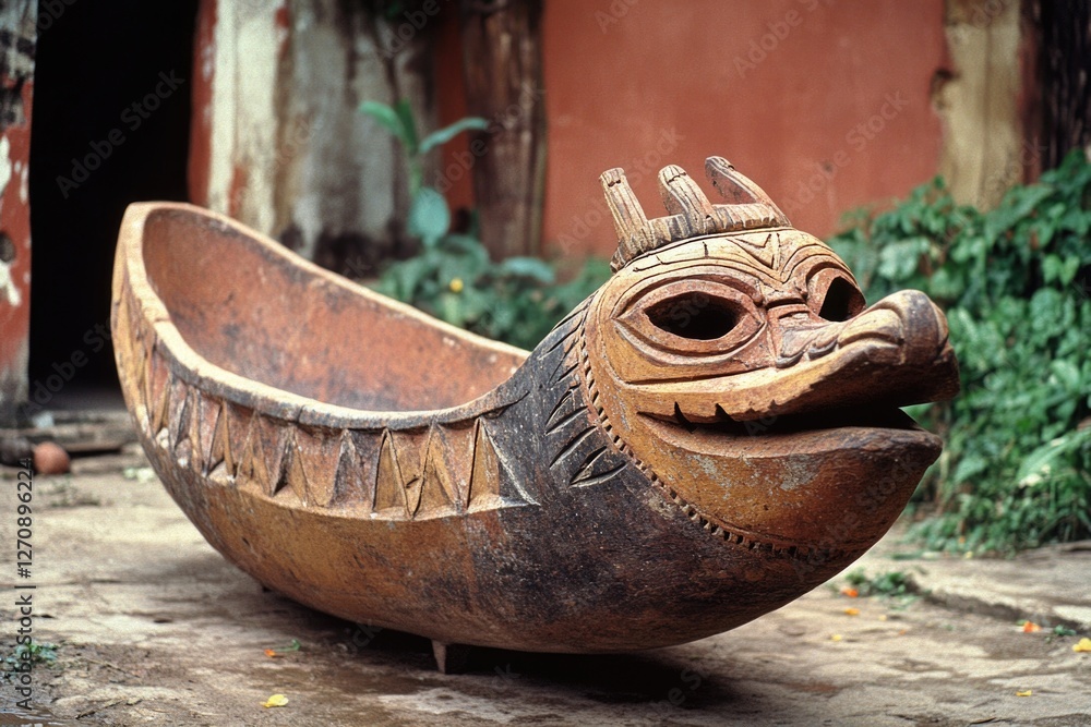 Mexican Olmec clay pot with a face and headdress, representing ...