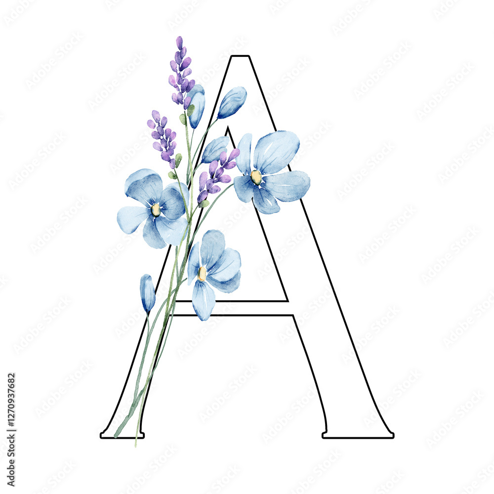 Floral monogram, letter A, alphabet with blue flowers, Initial ...