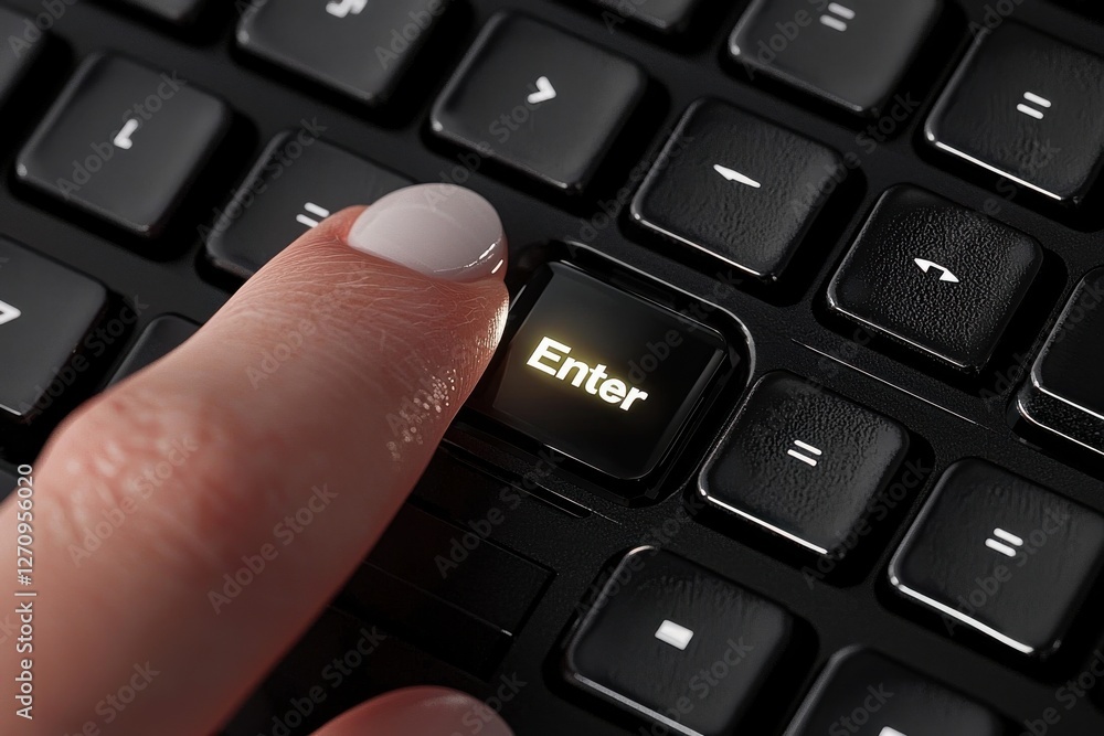 Female finger presses the 'Enter' key on a black backlit keyboard ...