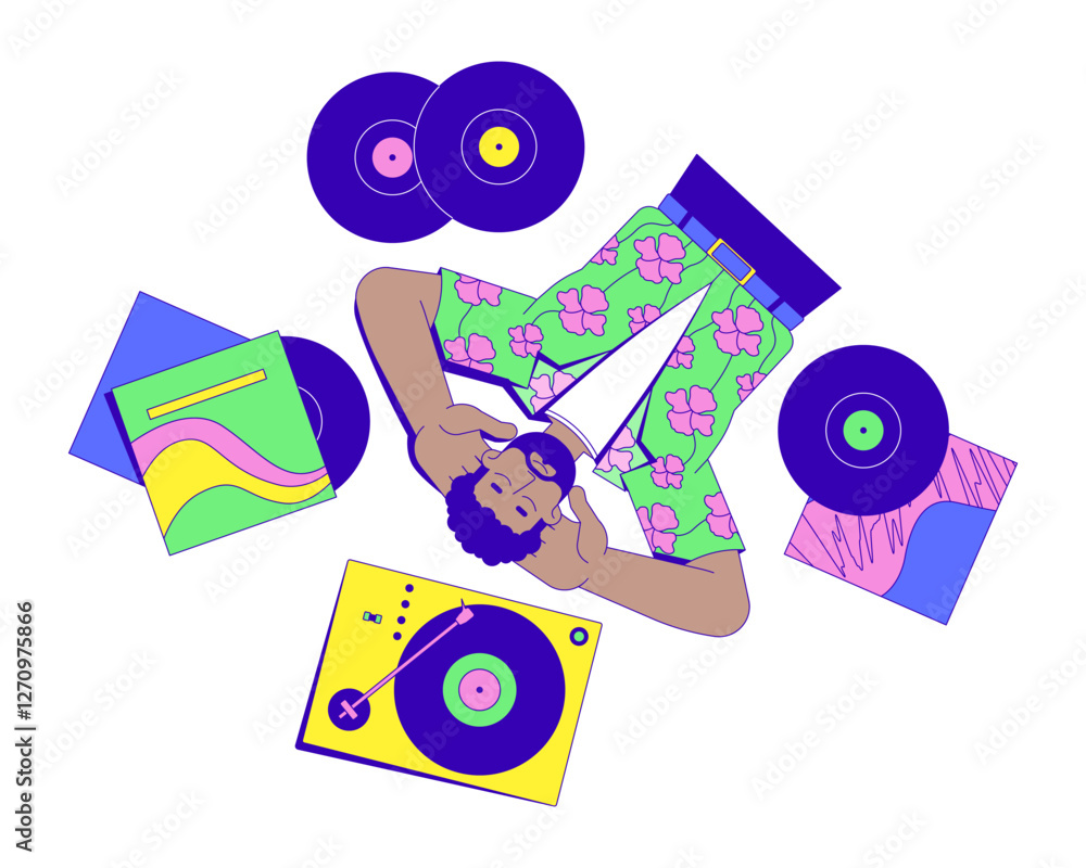 Retro black man listening to vinyl records on turntable cartoon flat ...