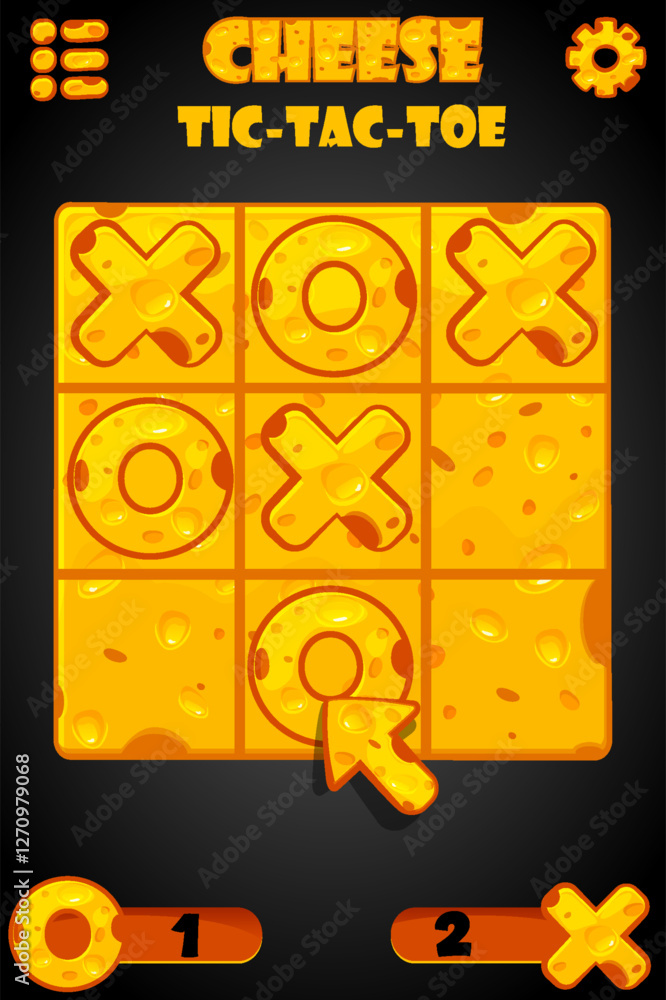 Tic-Tac-Toe in Cheese style, UI game with cursor arrow. Vector cartoon strategy game noughts and ...