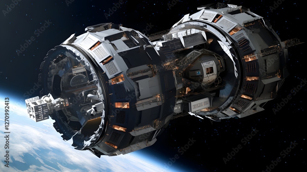 Ilustrace Futuristic carbon fiber built space station module floating ...