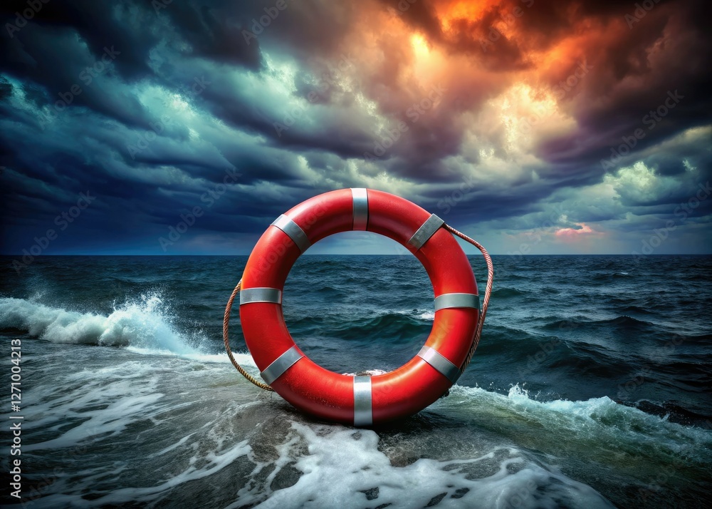 Dramatic ocean rescue: a red life preserver, symbol of hope, safety ...