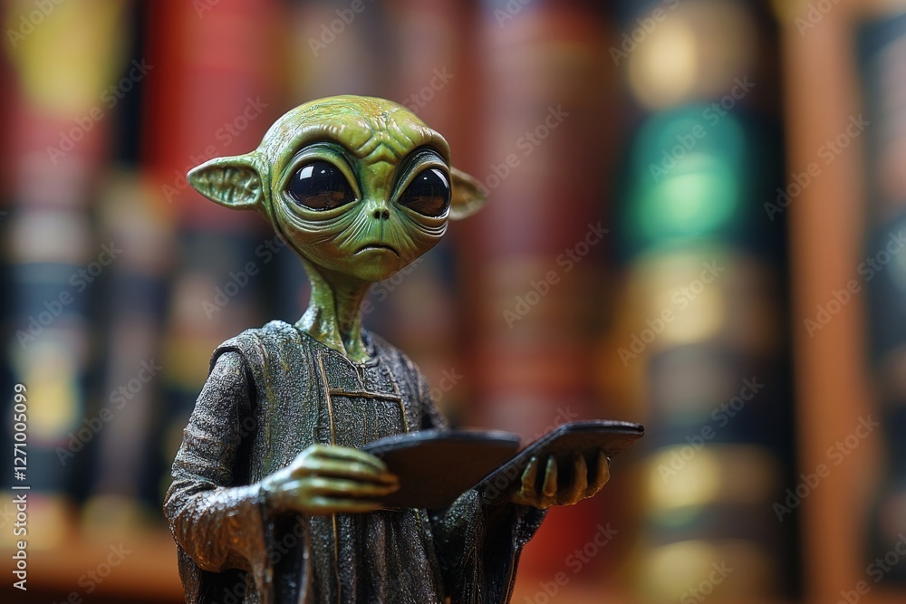 Alien figure studying in a library surrounded by ancient books and ...