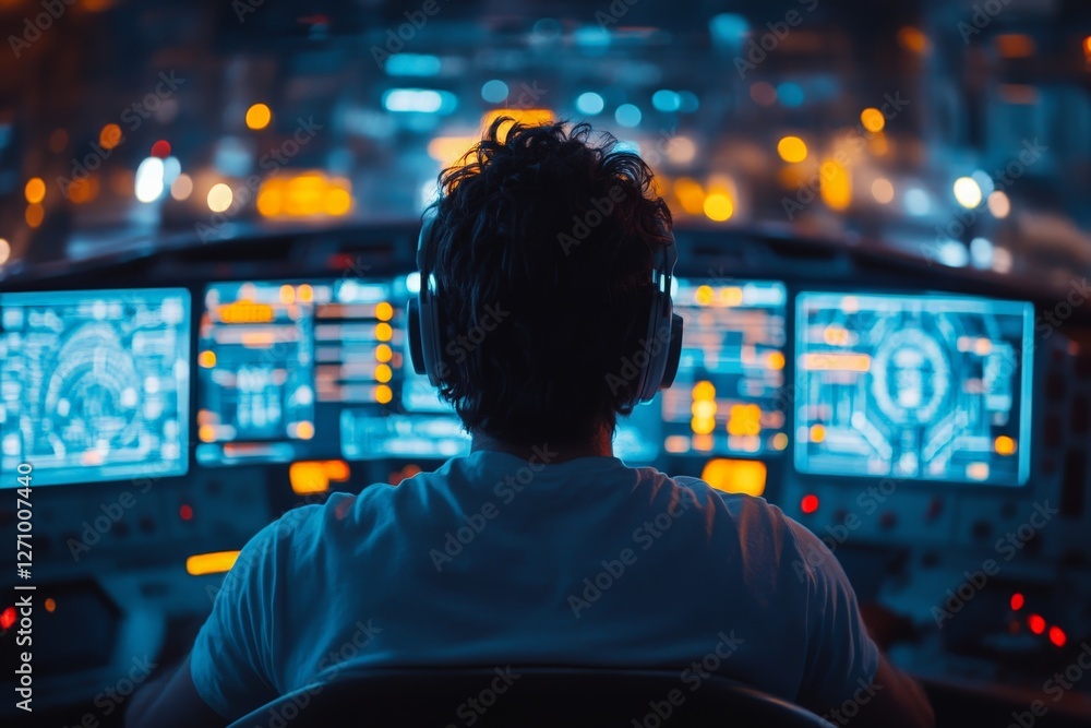 Pilot operates advanced cockpit controls during night flight in a ...