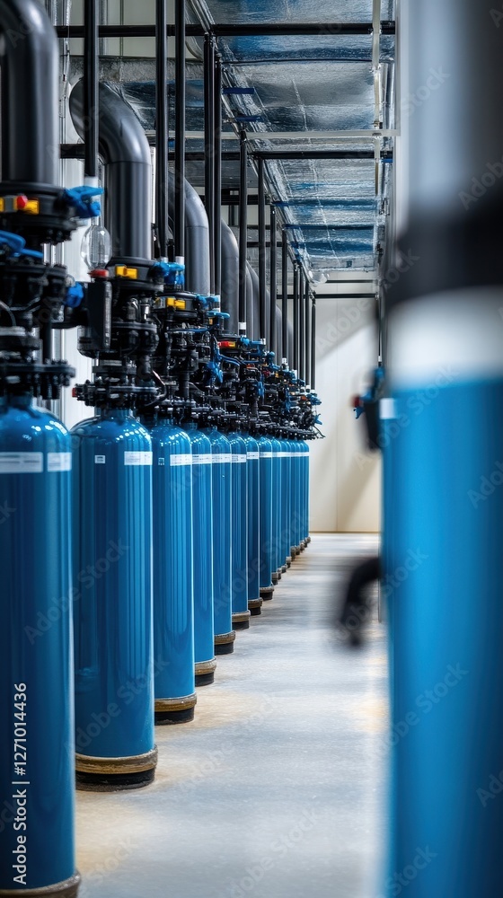 Industrial Water Treatment Facility: Rows of Blue Cylindrical Tanks and ...