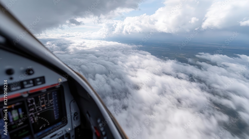 Airplane cockpit view of an intense storm system, pilots navigating ...