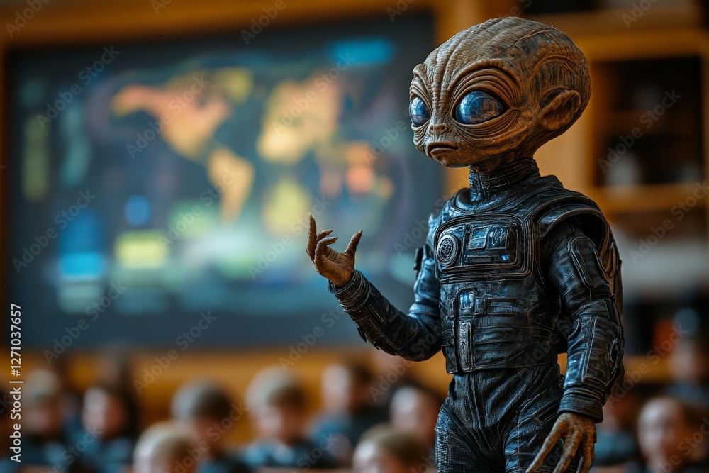 Alien figure presenting to a group of children in a modern classroom ...
