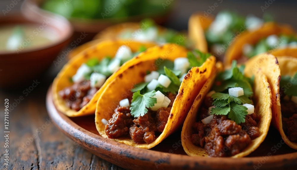Close-up of birria tacos on platter with consomme for dipping. Corn ...