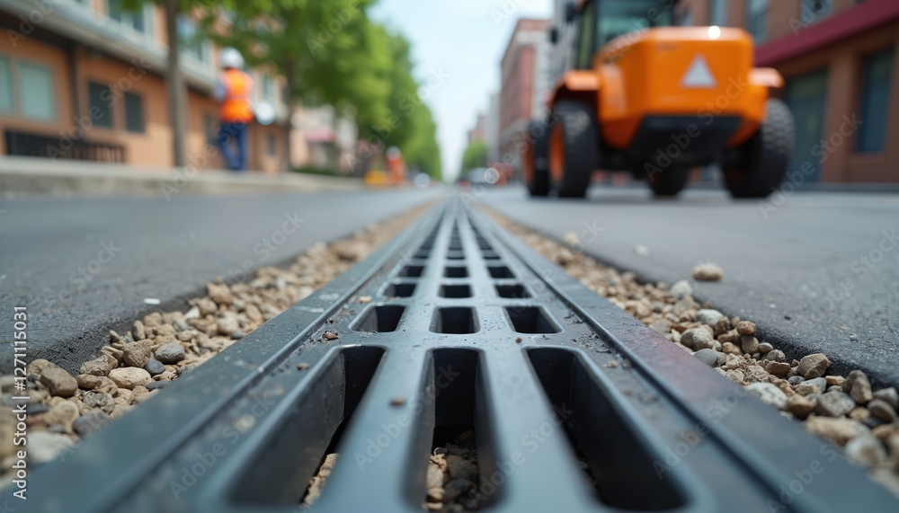 Urban storm drain installation on city street features drainage grates ...