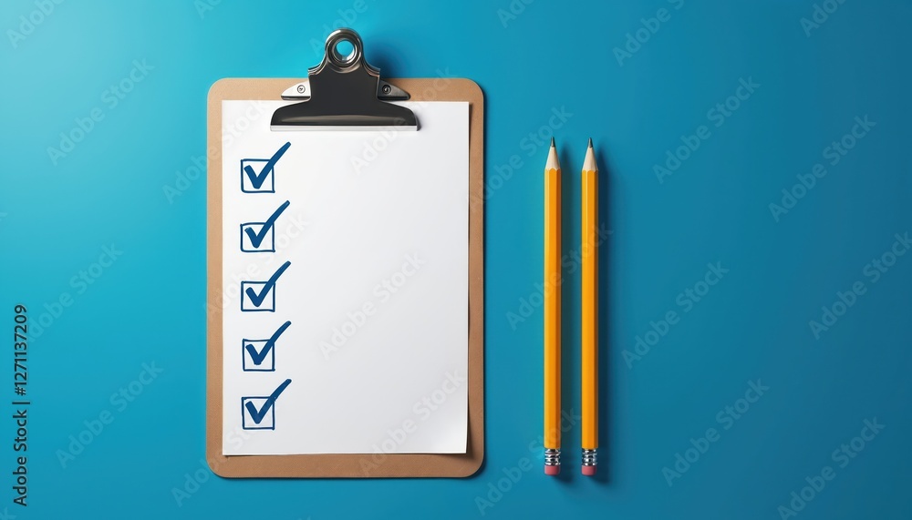 Checklist with dark blue checkmarks on clipboard, two yellow pencils on ...