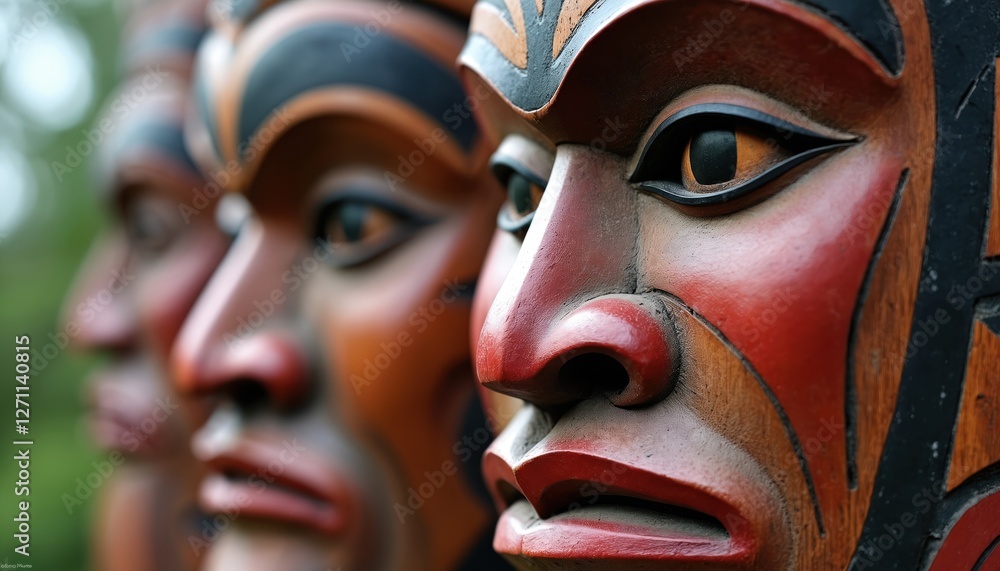 Wooden sculptures indigenous faces, standing in row. Native tribal art ...