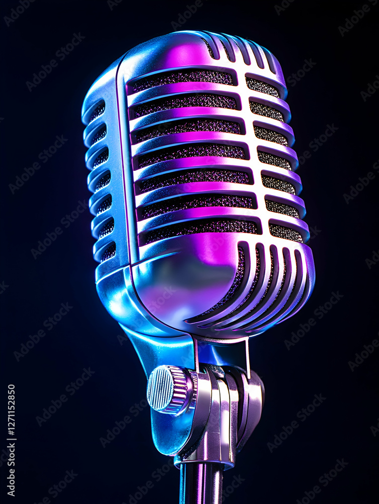 Chrome microphone highlighted with blue and magenta lights, black ...