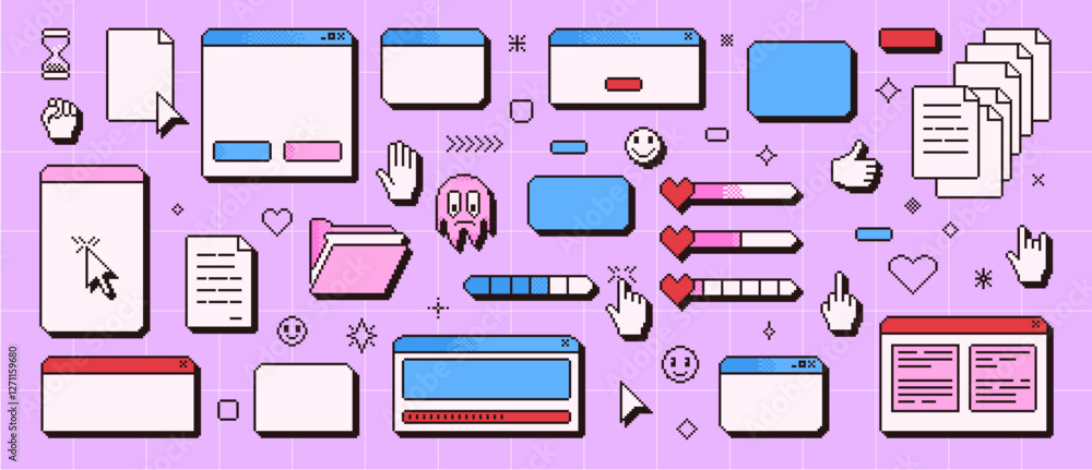 Retro windows interface in pixel art. 8 bit browser and popup elements with pointers cursors ...