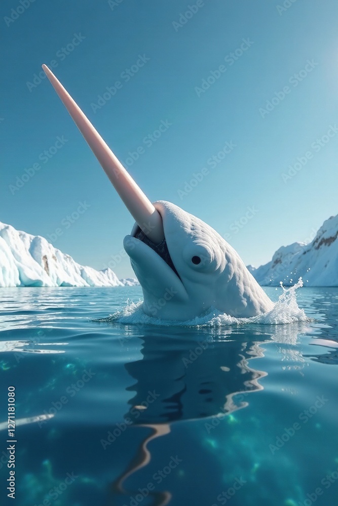 Narwhal breaks water with distinctive tusks gleaming white, tusk ...