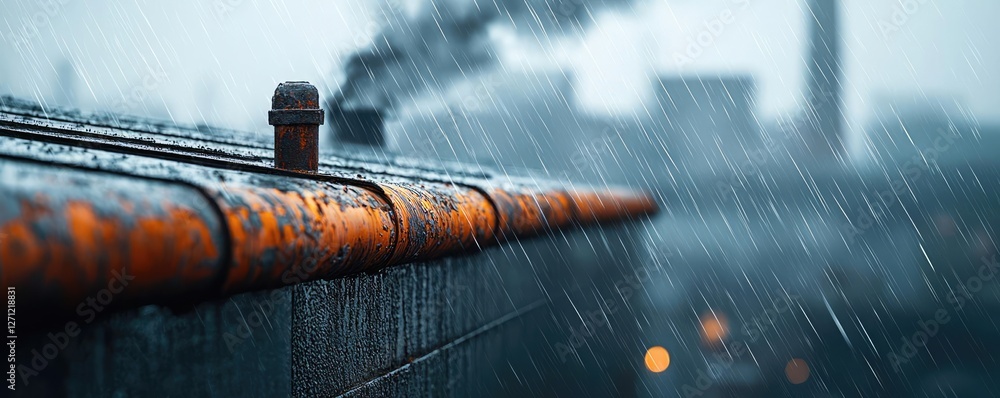 Acid rain climate change idea. Rain-soaked rooftop with smoke stacks ...