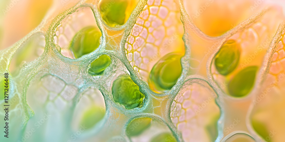 Cellular close-up with green structure, Microscopic view of plant cells and cellular structures ...