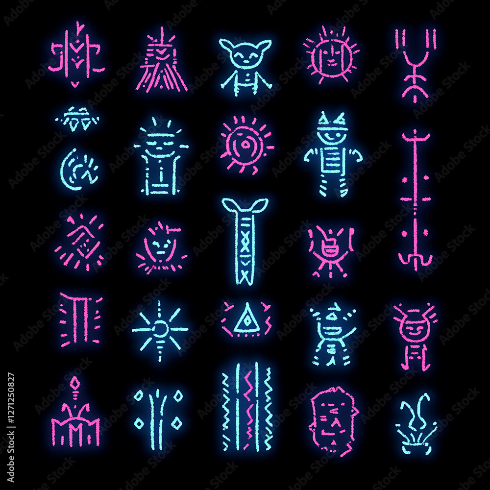 Ilustración de Stock Neon Illuminated Tribal Pictograms Mysterious ...