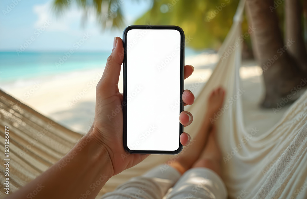 Person relax in hammock, holding mobile phone with blank white screen ...