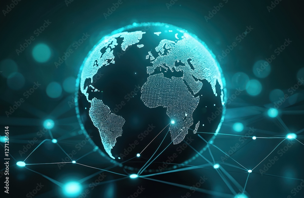 Abstract digital globe with connected lines, represents global business. Glowing energy ...