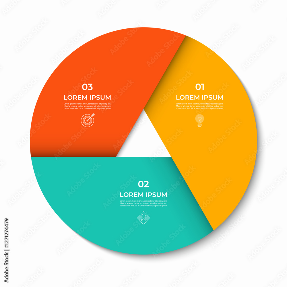 Vector infographic circle divided into 3 sections, parts. Cycle diagram with 3 options. 3-step ...
