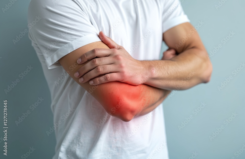 Man arm shows highlighted redness around elbow joint suggesting pain ...