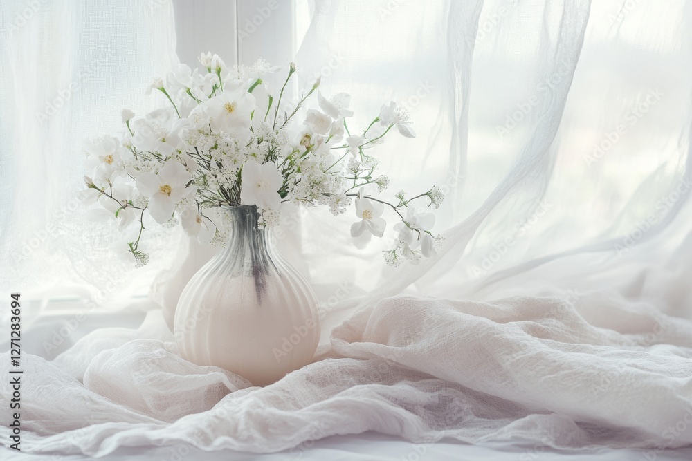 still life composition with delicate flowers, soft fabrics, and vintage ...