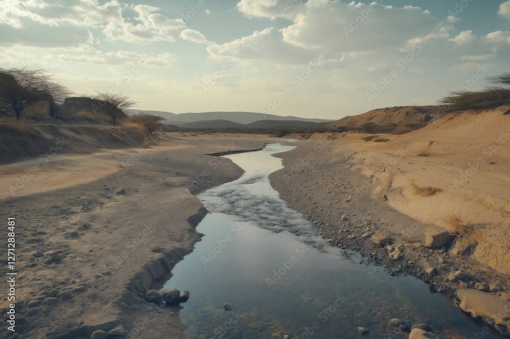 Thin stream of water flows through dry riverbed in a deserted drought ...
