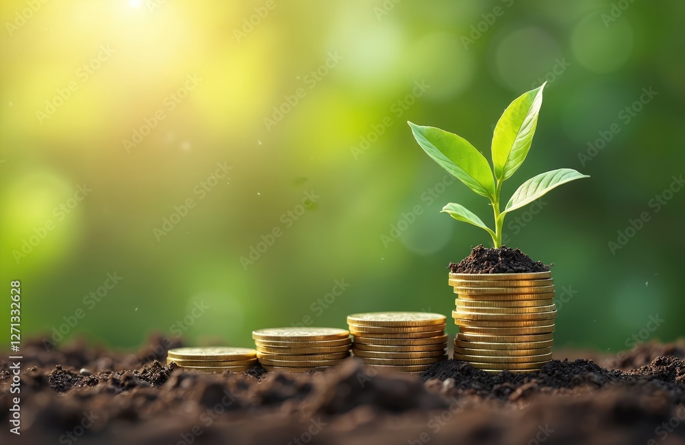 Foto de Stock Green business footprint concept. Seedling growing on stack of golden coins, ESG ...
