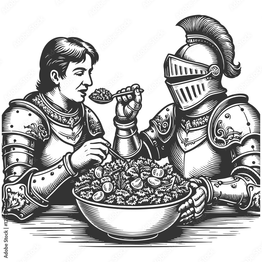 two medieval knights in armor enjoying a large bowl of salad, blending ...