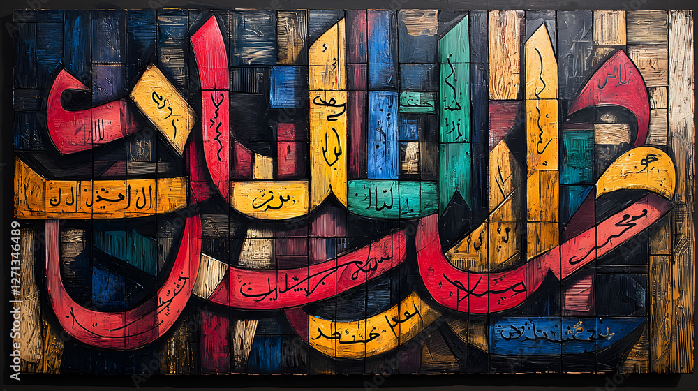 Vibrant mosaic painting featuring Arabic calligraphy and geometric ...