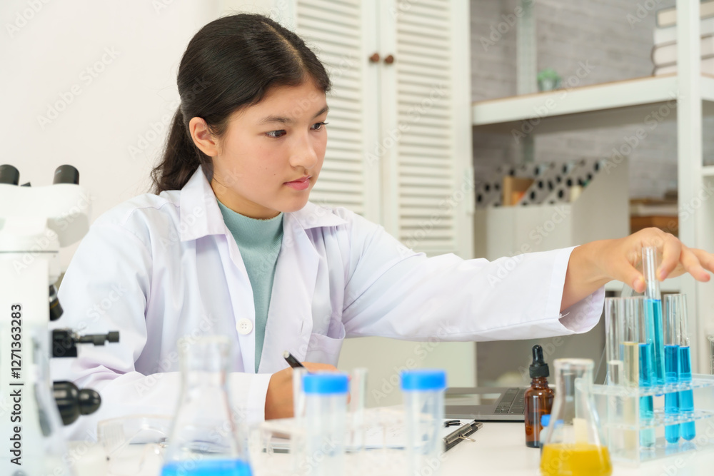 Caucasian school children learning experiment in science classroom ...