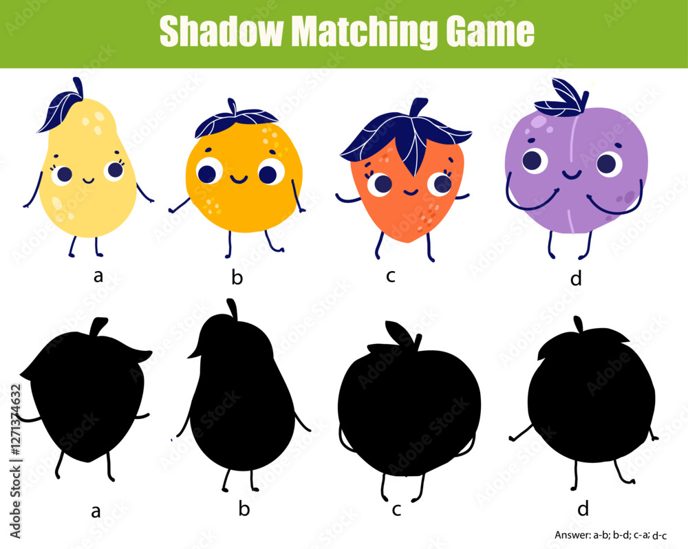 Shadow matching game. Kids activity with cute fruits. Learning page for ...