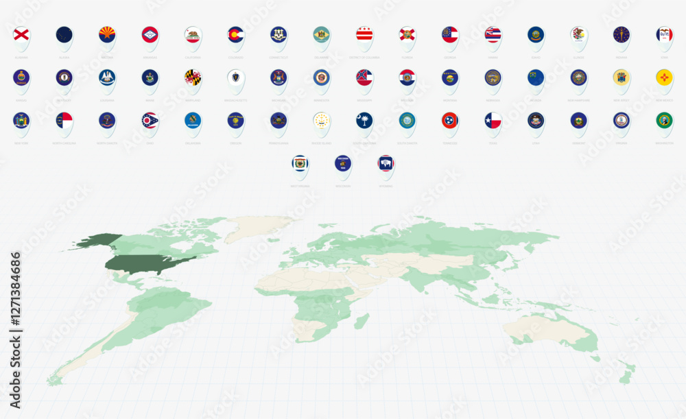 US State Flags Collection, Blue pin icon design. Minimalist USA state ...