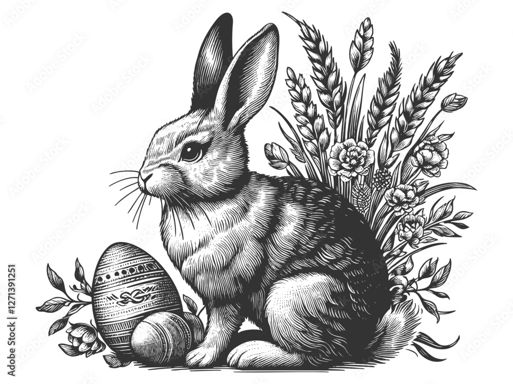 Easter bunny rabbit among decorated Easter eggs and spring flowers ...