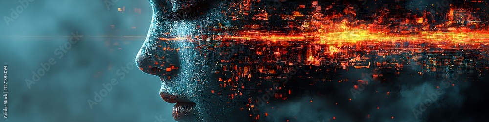 Digital manipulation with glitchy multicolor effects, in a dark ...