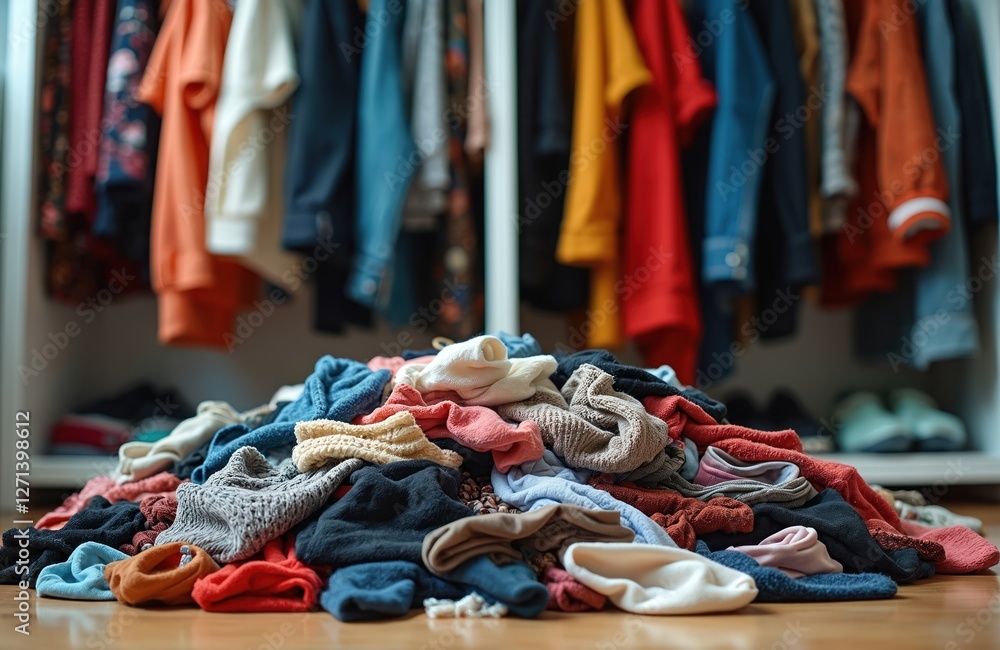 Overflowing closet with cheap trendy clothes spilling out on floor ...