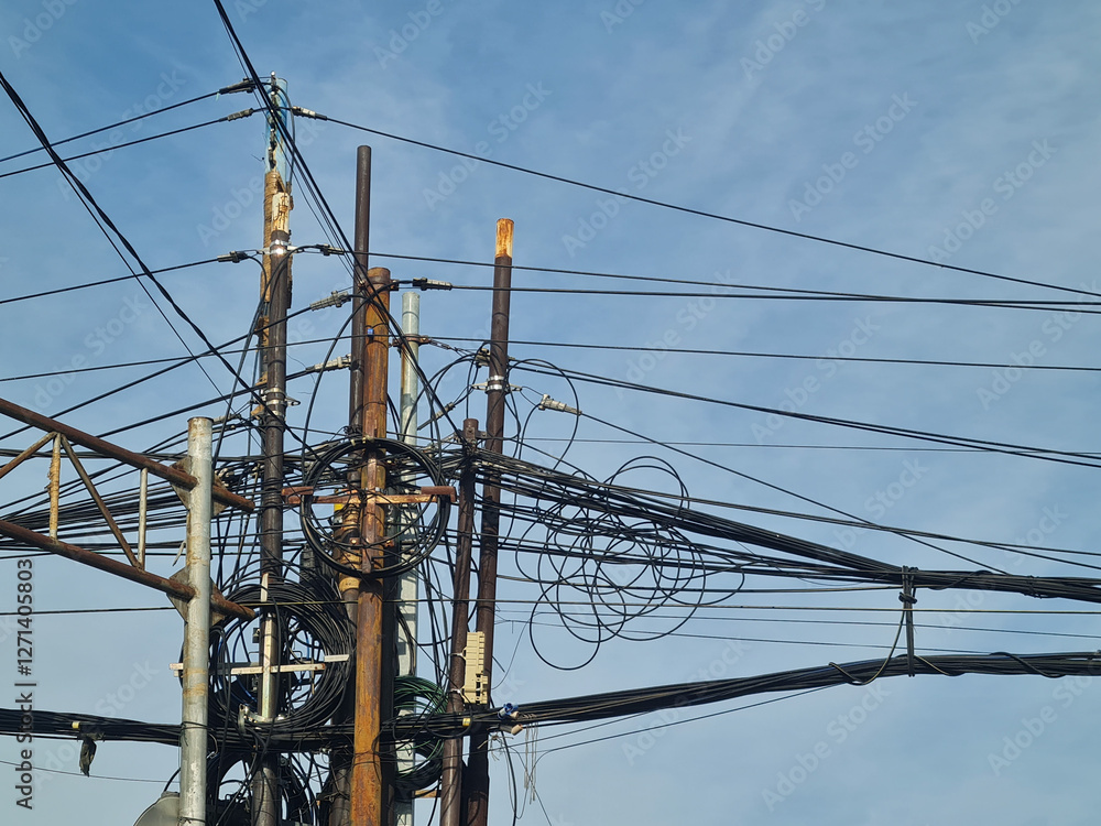 Messy power wires installation, complicated electric power wires and ...