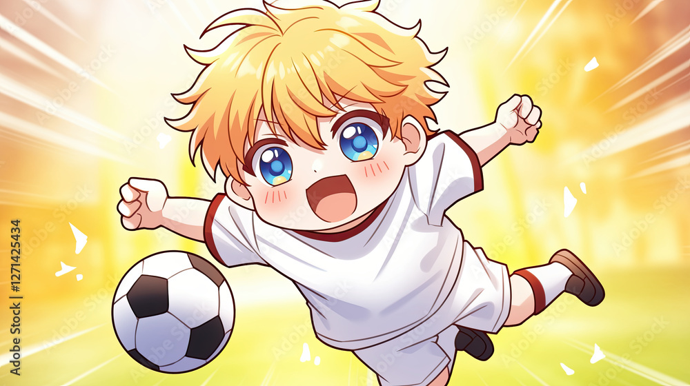 Cartoon character with soccer ball kicking towards the goal in an ...