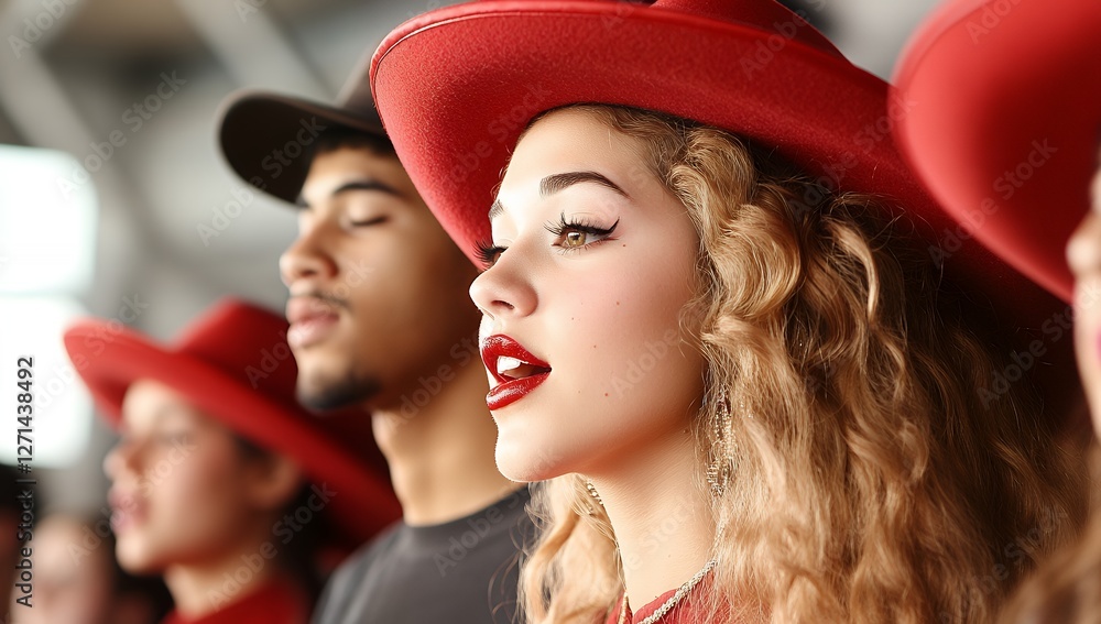 Young women in red hats sing together, showcasing vibrant makeup and ...