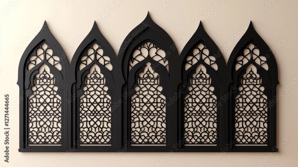 Ornate Islamic window design in black silhouette, Moroccan arches and ...